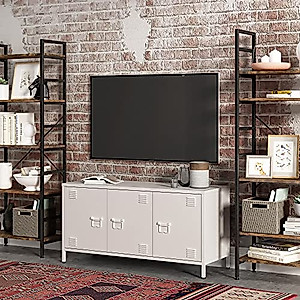 MIOCASA 3 Door Metal Locker TV Cabinet with Shelf Industrial Steel Storage Cabinet TV Stand Entertainment Media Console Table for Living Room,Bedroom, Garage, Office (White)
