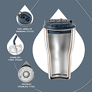 Ideus 14oz Stainless Steel Leak Proof Tumbler, Insulated Coffee Mug with Lid and Straw, Spill Proof Travel Coffee Cup, Double Wall Vacuum Flask for Adult Men and Women, Navy Blue