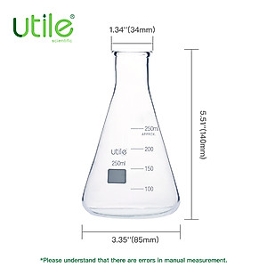 Utile Glass Erlenmeyer Flask Set, 250ml Narrow Mouth Erlenmeyer Flasks, 6pcs of Borosilicate 3.3 Glass Conical Flasks for Laboratory with Printed Graduation, 4016.0250.6
