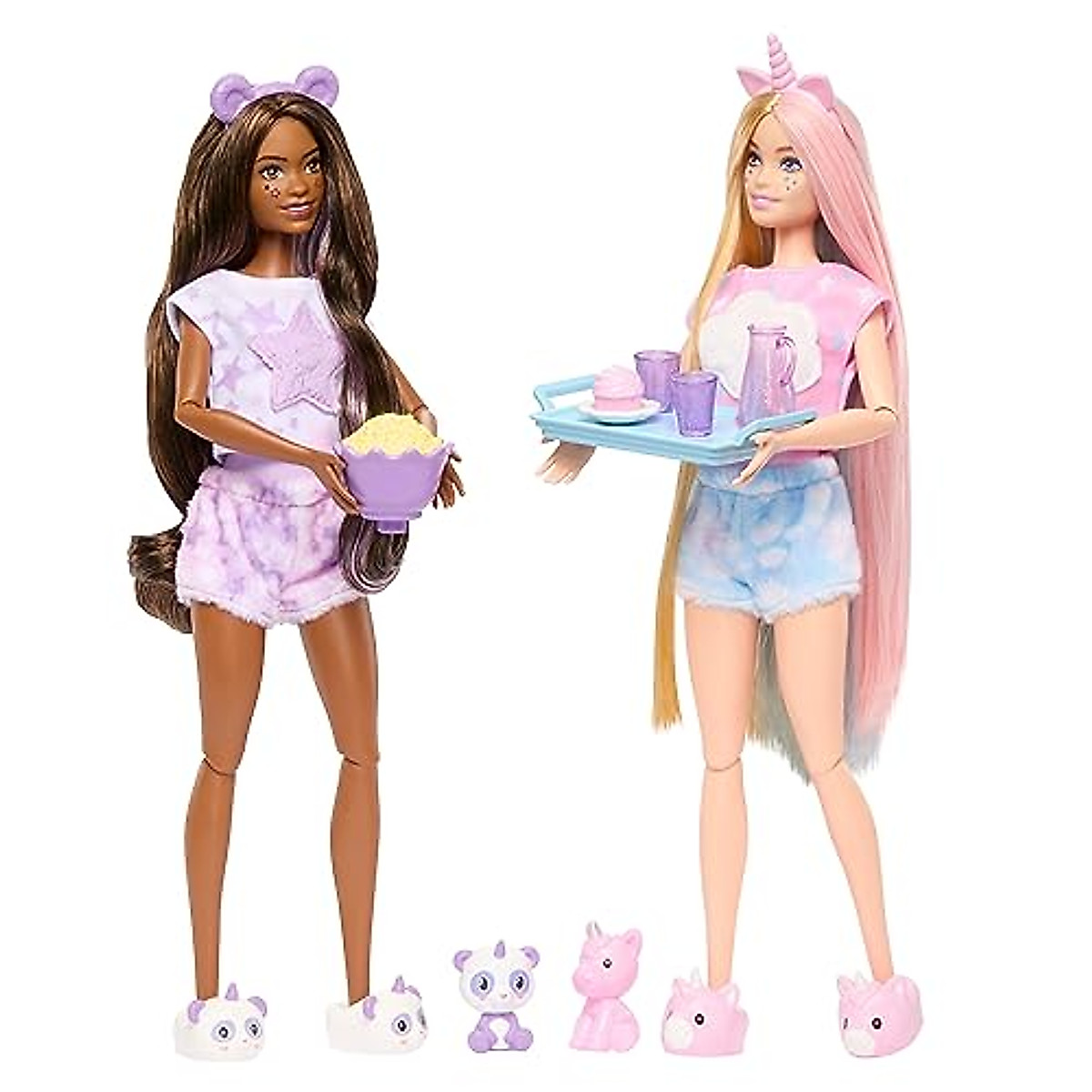 Barbie Cutie Reveal Gift Set with 2 Dolls &amp; 2 Pets, Cozy Cute Tees Slumber Party with 35+ Surprises, Color Change &amp; Costume Sleeping Bags