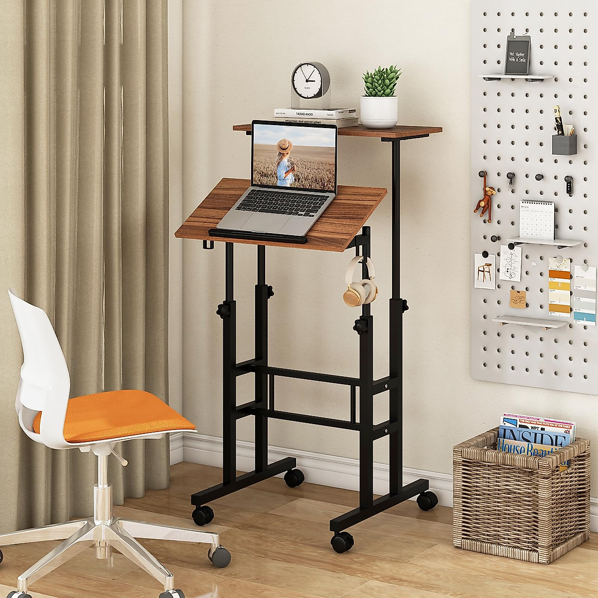 Tangkula Mobile Standing Desk, Height-Adjustable Laptop Podium Cart with Tilting Tabletop & Adjustable Angle, Rolling Stand Up Computer Desk with 2 Hanging Hooks & Lockable Casters for Home Office