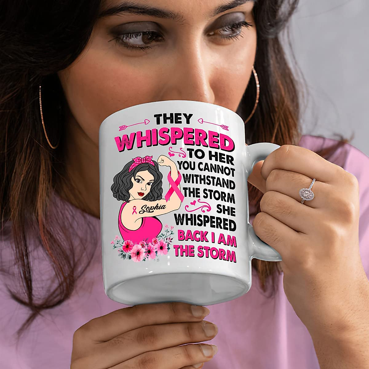 GERBERA STORY - Custom Breast Cancer Awareness Coffee Mug Personalized Breast Cancer Gifts For Women Cancer They Whispered to Her You Can't Withstand The Storm Mug 11oz or 15oz