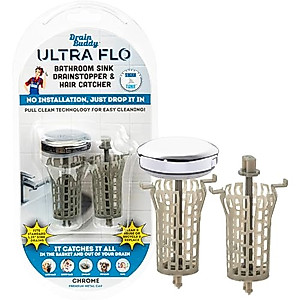 Drain Buddy Ultra Flo- 2 in 1 Bathroom Sink Stopper & Hair Catcher W/Patented Pull Clean Technology! | Fits 1.25” Sink Drains, Clog Preventing | Chrome Metal Cap / 1 Replacement Basket