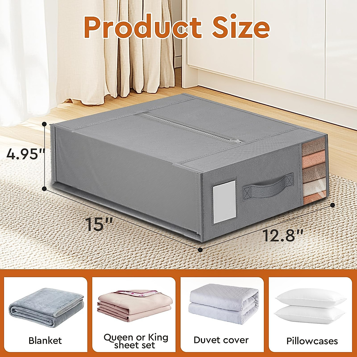 StorageTastic 4 Pack Bed Sheet Closet Organizers and Storage,Sturdy Foldable Storage Containers with Window and Label,Storage and Organization for Bedding Sheets,Duvet Covers,Blankets (Grey)