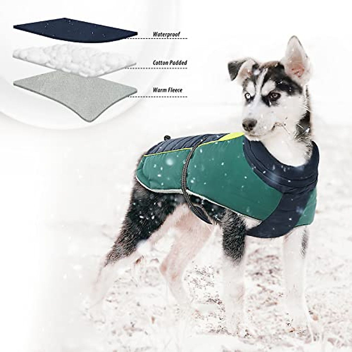 T'CHAQUE Warm Dog Jacket, Cold Weather Coat for Small Medium Large Dogs, Waterproof Reflective Turtleneck Dog Vest, Winter Fleece Dog Outfit with Leash Ring Windproof Adjustable Dog Apparel Clothes