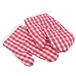 cabilock Oven Mitts Glove Heat Insulation Mitts Red Grid Kitchen Microwave Oven Gloves Mitts Anti-Scald Baking Gloves for Children Adult Cooking Gloves, 1 Pair, 7x4.7 inch (Red)