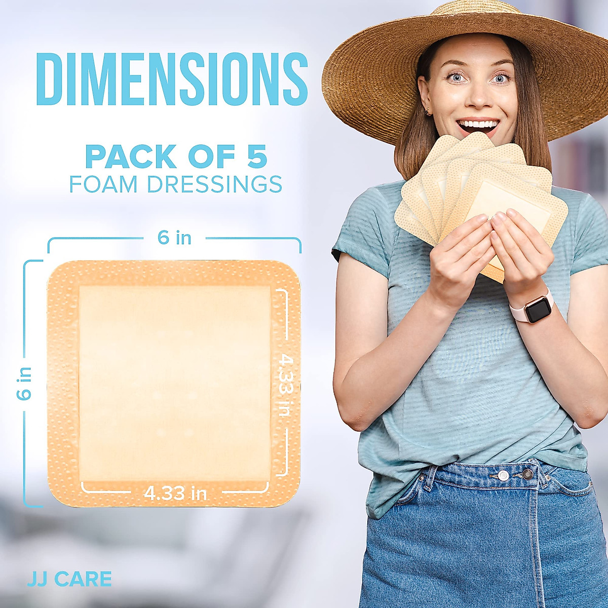 JJ CARE Silicone Foam Dressing 6x6 [Pack of 5], Silicone Bandages for Wounds, Waterproof Wound Dressing with Silicone Adhesive Border, Absorbent Bed Sore Bandages for Wound Care