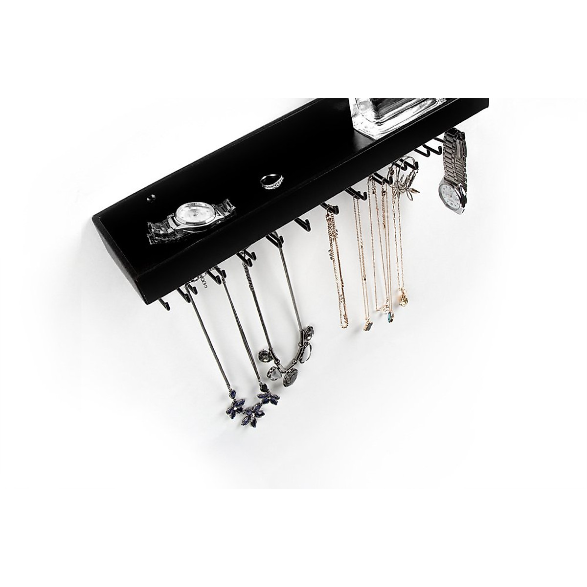J JACKCUBE DESIGN Jewelry Organizer Necklace Holder with 23 Hooks, Wall Mounted Necklaces Bracelet Earrings Ring Holder Hanger with Shelf (Black, 14.37 x 2.95 x 3.86 inches) - MK208A