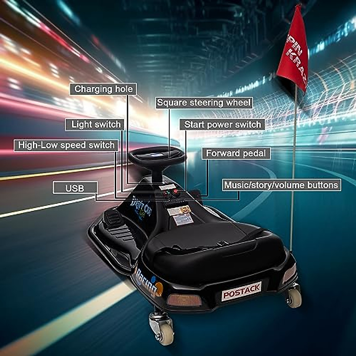 NITOESS Electric 24V Go Kart,Ride on Electric Drift Car for Kids,Ride-On Vehicle,360° Flips Drift High-Speed Car Ride on Toy,Variable Speed,Race-Styled Pedals & Rubber Wheels,USB,Music(Black)