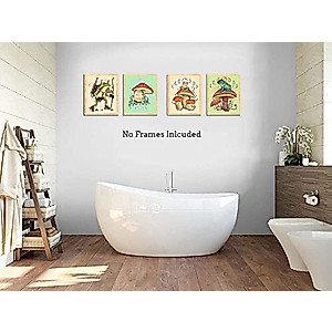 Funny Frog Posters Vintage Frog Mushroom Wall Art Prints, Retro Cute Frog Mushroom Creativity Nature Illustration Canvas Art Prints for Bathroom Bedroom Living Room Decor, Set of 4-(8”x10”, Unframed)