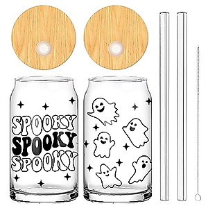 Whaline 2 Pack Halloween Glasses Cups Spooky Ghost Drinking Glasses 16oz Cute Halloween Ice Coffee Cup with Bamboo Lid and Straw Holiday Beer Glass Can for Cocktail Whiskey Beer Soda Decor Gifts