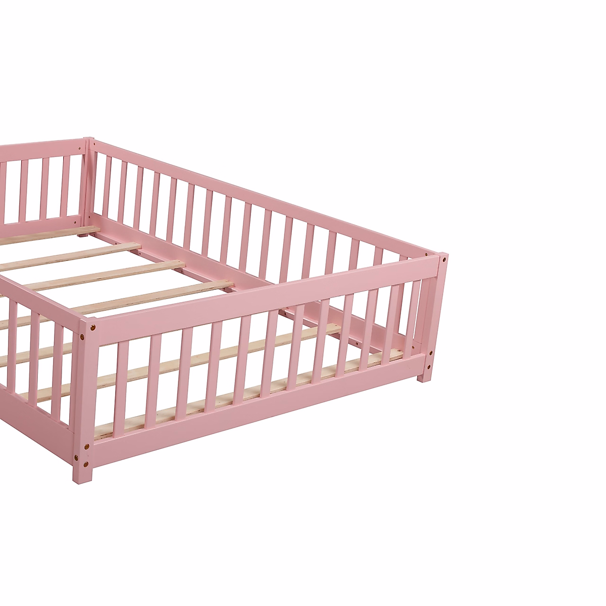 Harper & Bright Designs Full Size Floor Bed Montessori Bed Frame with Fence and Door, Wooden Full Platform Bed for Kids, Boys Girls, Slats Included, No Box Spring Needed (Full, Pink)