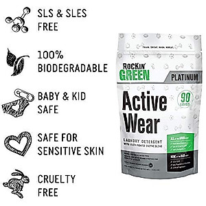 Rockin' Green Active Wear Detergent (90 Loads), Plant based, All Natural Laundry Detergent Powder, Vegan and Biodegradable Odor Fighter, Safe for Sensitive Skin, 45 oz (Unscented)