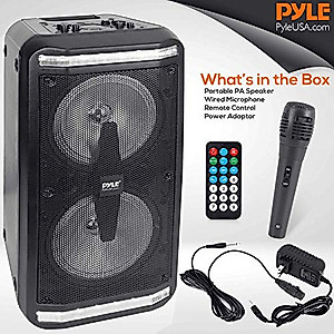 Pyle Bluetooth Speaker & Microphone System - Portable Stereo Karaoke Speaker with Wired Mic, Built-in LED Party Lights, MP3/USB, FM Radio (6.5’’ Subwoofers, 500 Watt MAX) (PPHP266B.5)