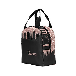 Rose Gold Drips Reusable Insulated Neoprene Lunch Tote Bag Cooler with 2 Pockets Custom Personalized Portable Lunchbox Handbag with Name for Gift