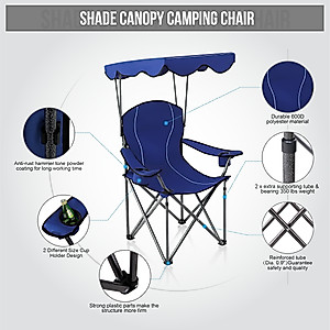 ALPHA CAMP Camp Chairs with Shade Canopy Chair Folding Camping Recliner Support 350 LBS - Navy Blue