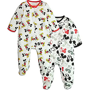 Disney Mickey Mouse Newborn Baby Boys 2 Pack Long Sleeve Sleep N' Play Coveralls White/Grey 0-3 Months