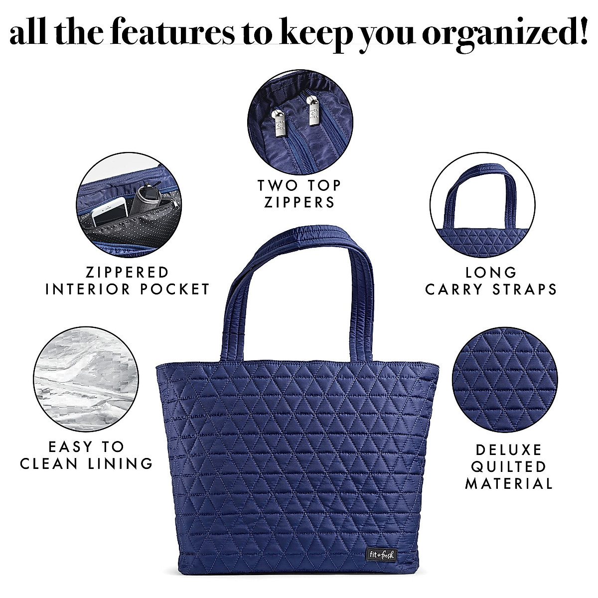 Fit & Fresh Insulated Lunch, Work, School Bag, Travel Purse, Navy