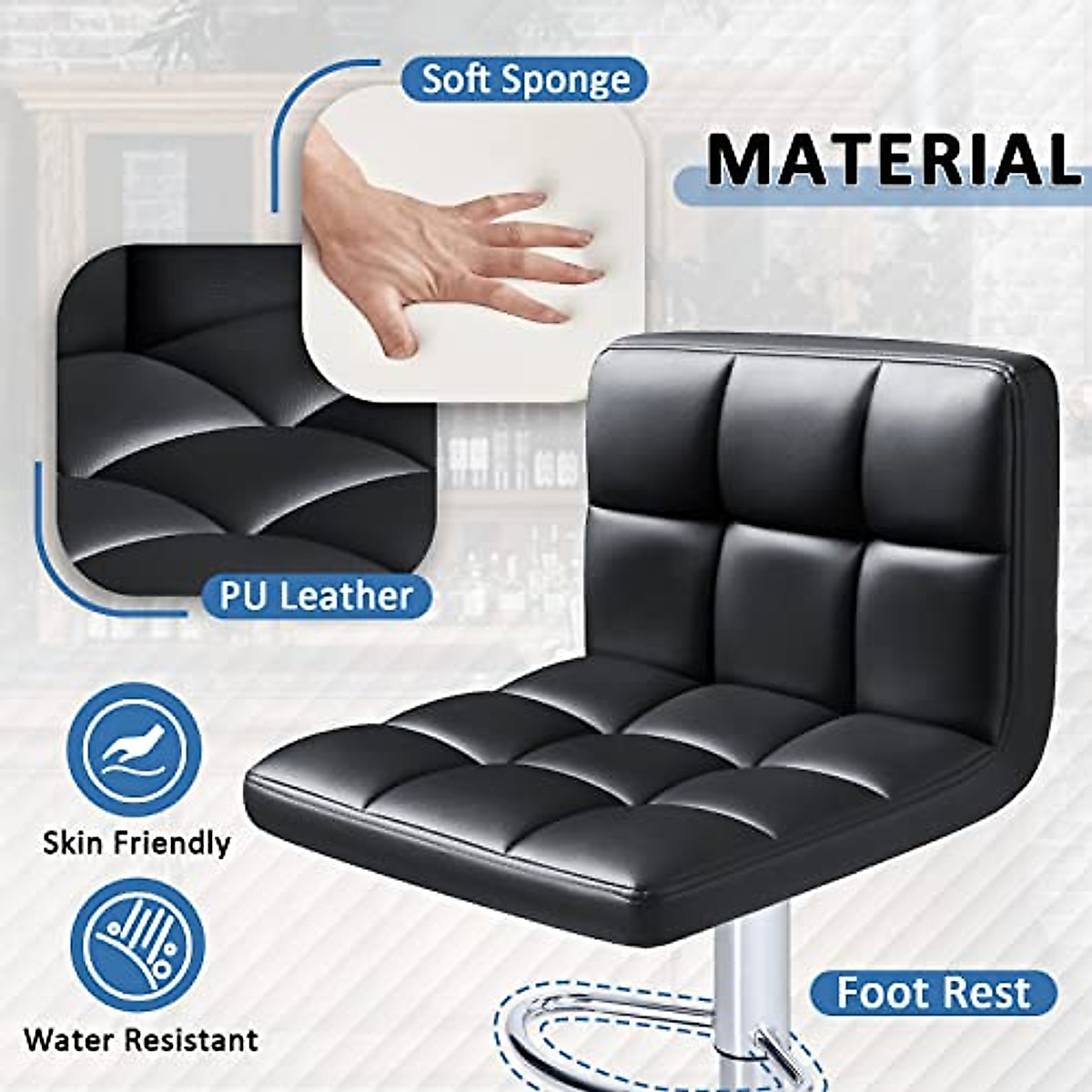 Homall Bar Stools Modern PU Leather Adjustable Swivel Barstools, Armless Hydraulic Kitchen Counter Bar Stool Synthetic Leather Extra Height Square Island Barstool with Back Set of 2(Black)