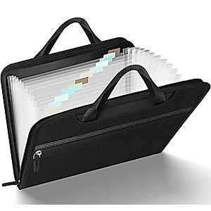 Sooez Heavy Duty Accordian File Organizer with Hidden Handle, 13 Pocket Expanding File Folder with Zipper & Labels, Portable Cloth Document Organizer Accordion File Keeper for Letter Size / A4 Paper
