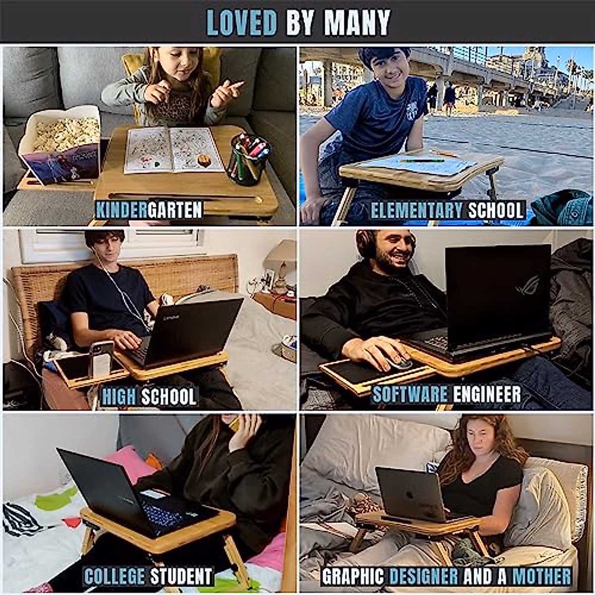 Foldable Laptop Bed Desk with Mouse Pad, Adjustable Folding Bamboo Tray Lap Stand Table for Work Breakfast College Students - Fits up to 17 Inch Laptops