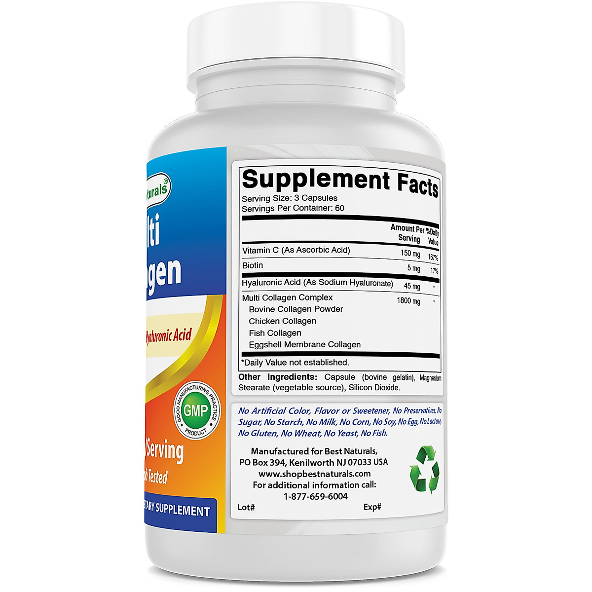 Best Naturals Multi Collagen Pills 2000mg for Women & Men - Hydrolyzed Collagen Peptides Capsules for Hair Skin and Nails with Types I II III V X, Biotin, Hyaluronic Acid & Vitamin C