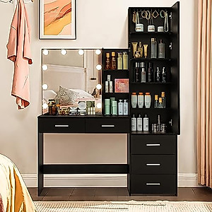 usikey 47.2" Large Vanity Desk with 10 Lights Bulbs & Full-Length Mirror, 70.9" High, Makeup Vanity with Lights and 5 Drawers, Vanity Table Set with Mirror Cabinet and 8 Storage Shelves, Black