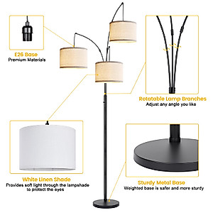 Dimmable Floor Lamp - 3 Lights Arc Floor Lamps for Living Room, 1000LM Modern Tall Standing Lamp with White Shades & Heavy Base, Mid Century Tree Floor Lamp for Bedroom Office, 3 LED Bulbs Included
