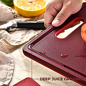 Linoroso Cutting Boards for Kitchen with Defrosting Tray Set of 3, Dishwasher Safe Plastic Cutting Board with Deep Juice Grooves, Non-Slip Durable Chopping Boards for Meat, Veggies, Fruits - Red