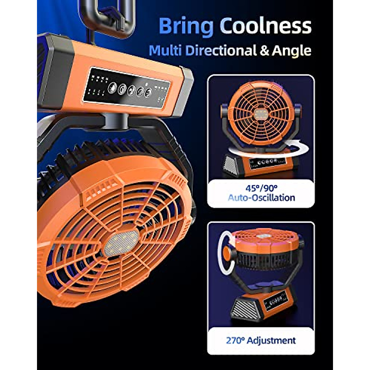 Portable Rechargeable Fan - 20000mAh 9-Inch Camping Fan with Light & Hook for Tent, Outdoor - Battery Powered Fan(60Hrs) - USB Fan for Picnic, BBQ, Fishing, Travel, Jobsite