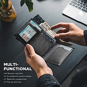 VULKIT Credit Card Holder with Banknote Compartment RFID Blocking Pop up Leather Card Wallet with ID Window for Men or Women(Carbon Black)