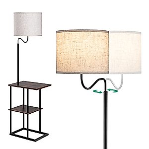 EDISHINE Floor Lamp with Table, Modern Side Table with Built-in Lamp, Reading Shelf Floor Lamp with Linen Shade, Narrow Nightstand with Shelves for Living Room, Bedroom, Office, Den