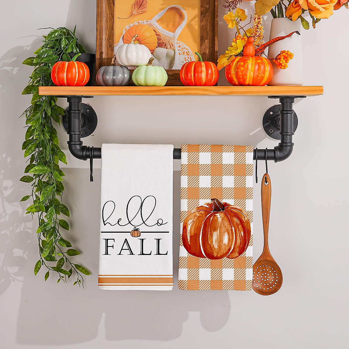 Siilues Fall Kitchen Towels Set of 2,18x26 Inch Fall Decor Hello Fall Decorations for Home Pumpkin Dish Towels Seasonal Thanksgiving Decorations for Home Kitchen Decor Hand Towels