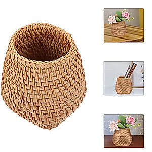 Operitacx Woven Pen Container Rattan Pencil Holder Wicker Pen Cup Rattan Vase Makeup Brushes Holder Desktop Sundries Organizer Container Box for Office Home Utensil Cutlery