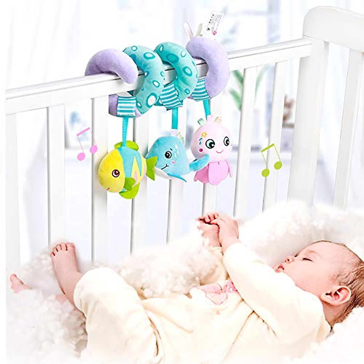 Caterbee Baby Stroller Toys, Activity Spiral Plush bar Toy Accessories, Crib Toys Car Seat Toy with Bell for boy or Girl 0 Months+ (Ocean)