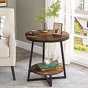 Tribesigns End Table, 2 Tier Round Side Table with Storage Shelf, Industrial Nightstand Bedside Table Coffee Accent Table for Living Room Bedroom Small Space, Rustic Brown