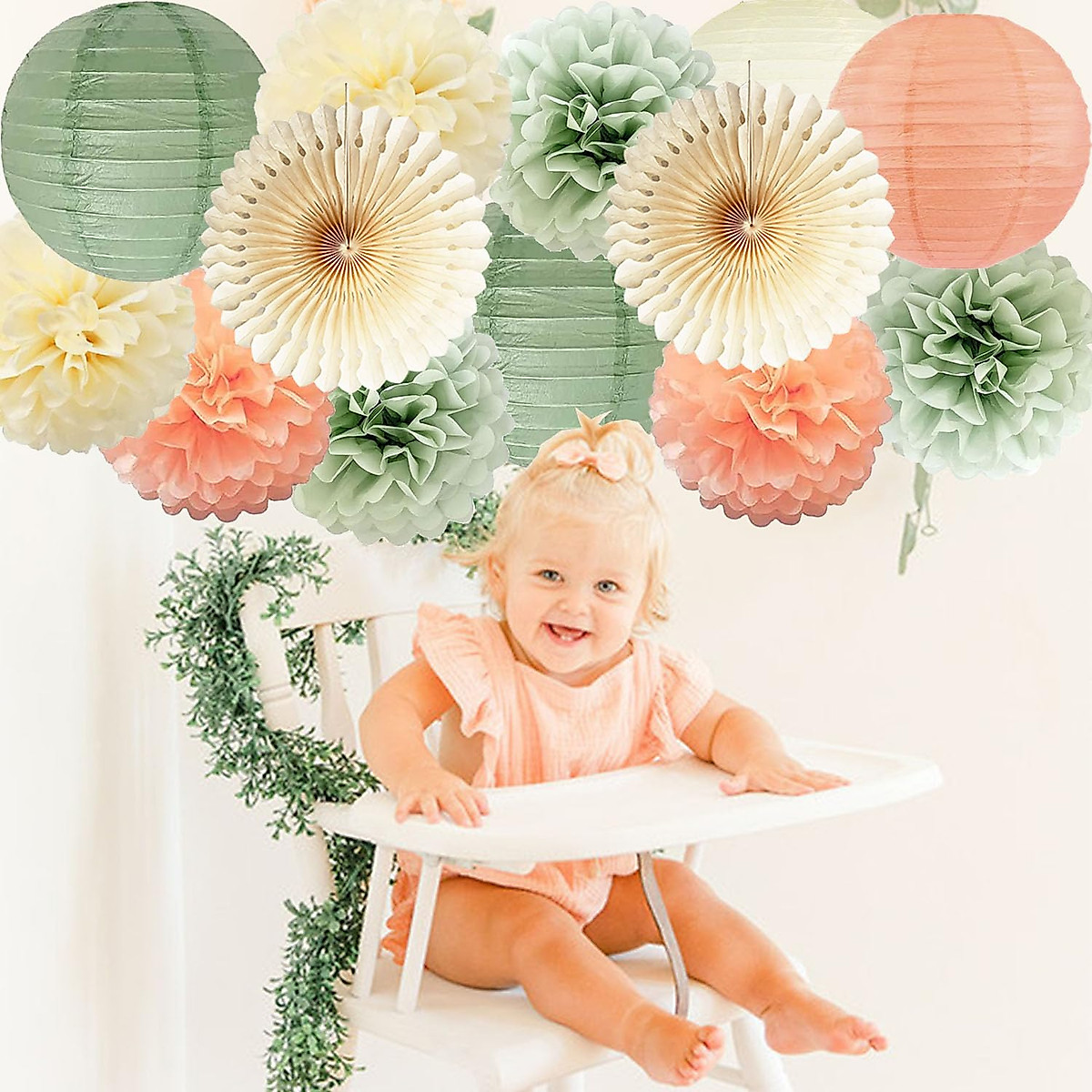 Sage Green Party Decorations Sage Cream Peach Tissue Paper Pom Poms Paper Lanterns Paper Fans for Neutral Birthday Baby Shower Bridal Shower Wedding Engagement Party Decoration