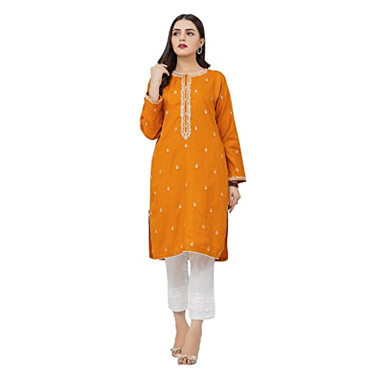 edenrobe Women's Pakistani Indian Kurti Pret - Stitched Ladies Kurta/Tunic Top 217351 Dark Mustard