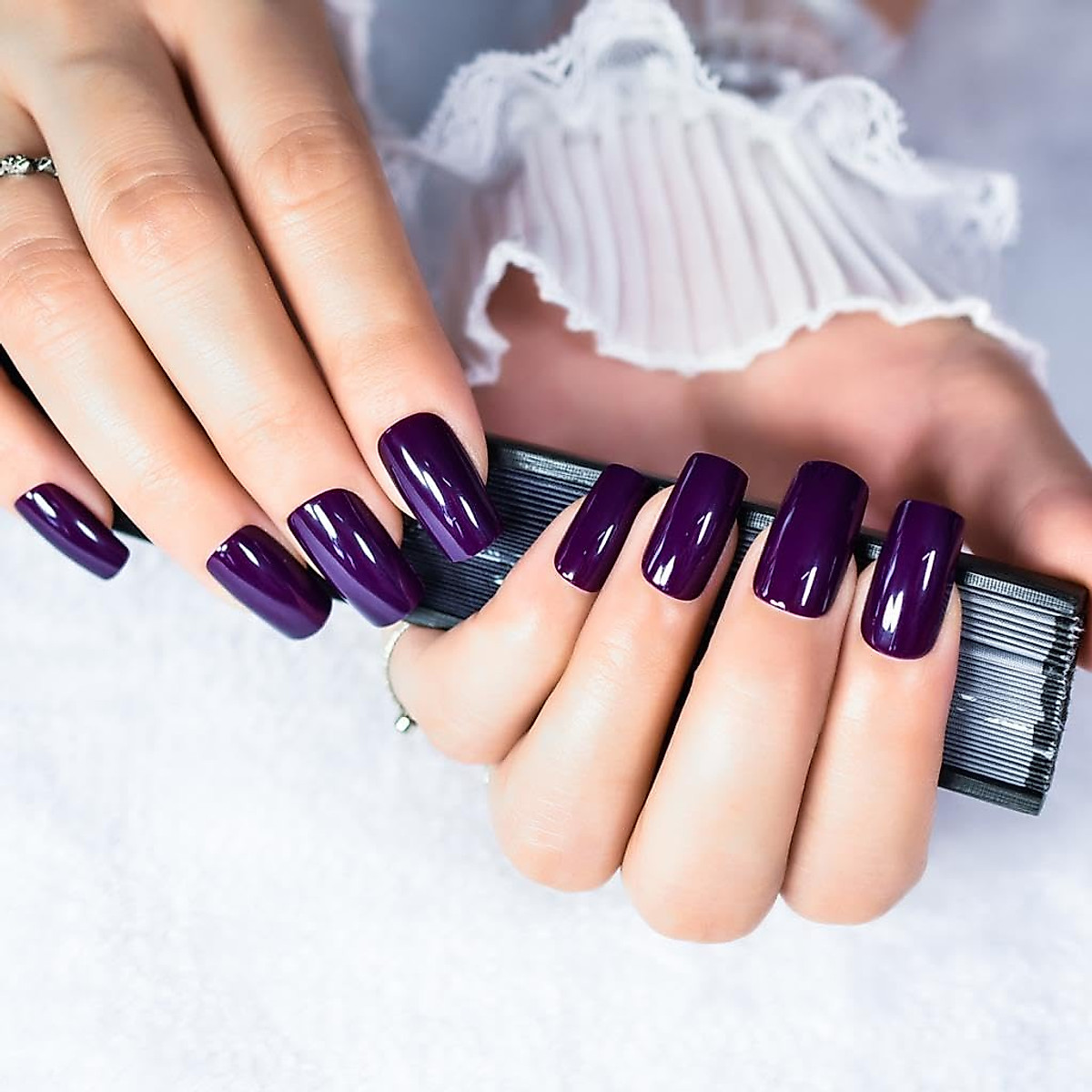 Coolnail Dark Purple Press On False Nails Medium Length Square Reusable Acrylic Deep Violet Solid Color Nail Art Tips Fake Fingernails for Women & Girl