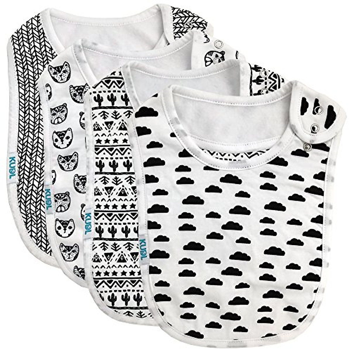 KUDL Baby Bibs Large Burpy Cloth 4 Pack Gift Set Soft Absorbent Feeding Reflux Drool Teething Bibs, Adjustable Snap Buttons, Funny Designs for Boys & Girls - Aztec Black & White