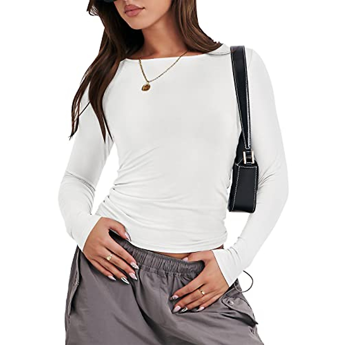 ANRABESS Women Long Sleeve Crop Top Basic Tees Tight Fitting T-Shirt Trendy 2023 Fall Shirts Undershirts Sexy Casual Going Out Cropped Tops 1029dabai-S White