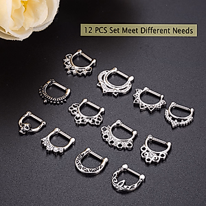 FINREZIO 12 PCS 14G Stainless Steel Nose Rings Hoop Cartilage Earrings Septum Clicker Bull Rings CZ Body Piercing Jewelry (Gauge: 14G=1.6MM)