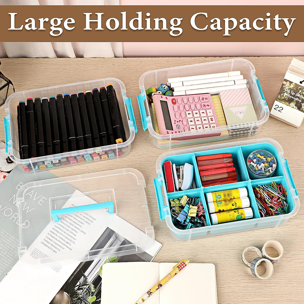 BTSKY 3 Layer Stack & Carry Box, Plastic Multipurpose Portable Storage Container Box Handled Organizer Storage Box with Removable Tray for Organizing Sewing, Art Craft, Supplies Blue