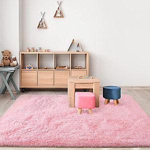 Prabia Super Soft Fluffy Shaggy Rugs 4x5.9 Feet for Living Room Bedroom, Fuzzy Plush Area Rugs for Girls Kids Room Nursery Home Decor, Furry Dorm Rug Cute Non-Slip Indoor Floor Carpet, Baby Pink