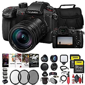 Panasonic Lumix GH5 II Mirrorless Camera with 12-60mm Lens (DC-GH5M2LK) + 2 x Sony 64GB Tough SD Card + Filter Kit + Wide Angle Lens + Telephoto Lens + Lens Hood + Card Reader + More (Renewed)