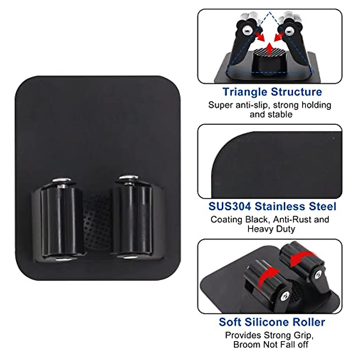 YuGtcen Broom Holder Wall Mount 5 pcs, Self Adhesive Broom Holder Broom Gripper Super Anti-Slip Mop and Broom Organizer Wall Hanging, 304 Stainless Steel Broom Hanger for Bathroom, Kitchen, Garage