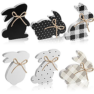 6 Pcs Easter Bunny Table Wooden Signs Bunny Shaped Farmhouse Decor Bunny Wooden Table Decorations Rabbit Tiered Tray Decor Wood Cutouts with Rope for Crafts Party Table Decorations, Black, Gray, White