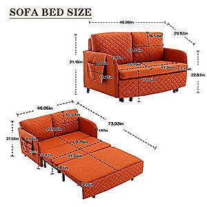Lin-Utrend 46" Convertible Sleeper Sofa Bed, Modern Loveseat Couch with Pull Out Bed, Small Love Seat Futon Sofa Bed with Headboard, 2 Pillows Side Pockets for Living Room Apartment (Orange)