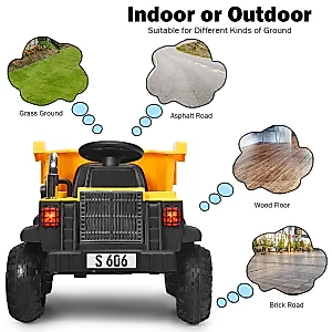 Costzon Ride on Car, 12V Ride on Dump Truck w/Remote Control, Electric Dump Bed, Music, Horn, USB, AUX, Treaded Tires, Shovel, 3 Speeds, Battery Powered Construction Vehicle, Electric Car for Kids