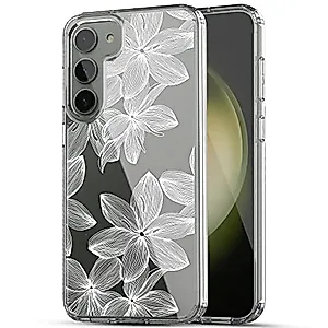 RANZ Galaxy S23 Plus Case, Anti-Scratch Shockproof Clear PC+ TPU Bumper with White Flower Design